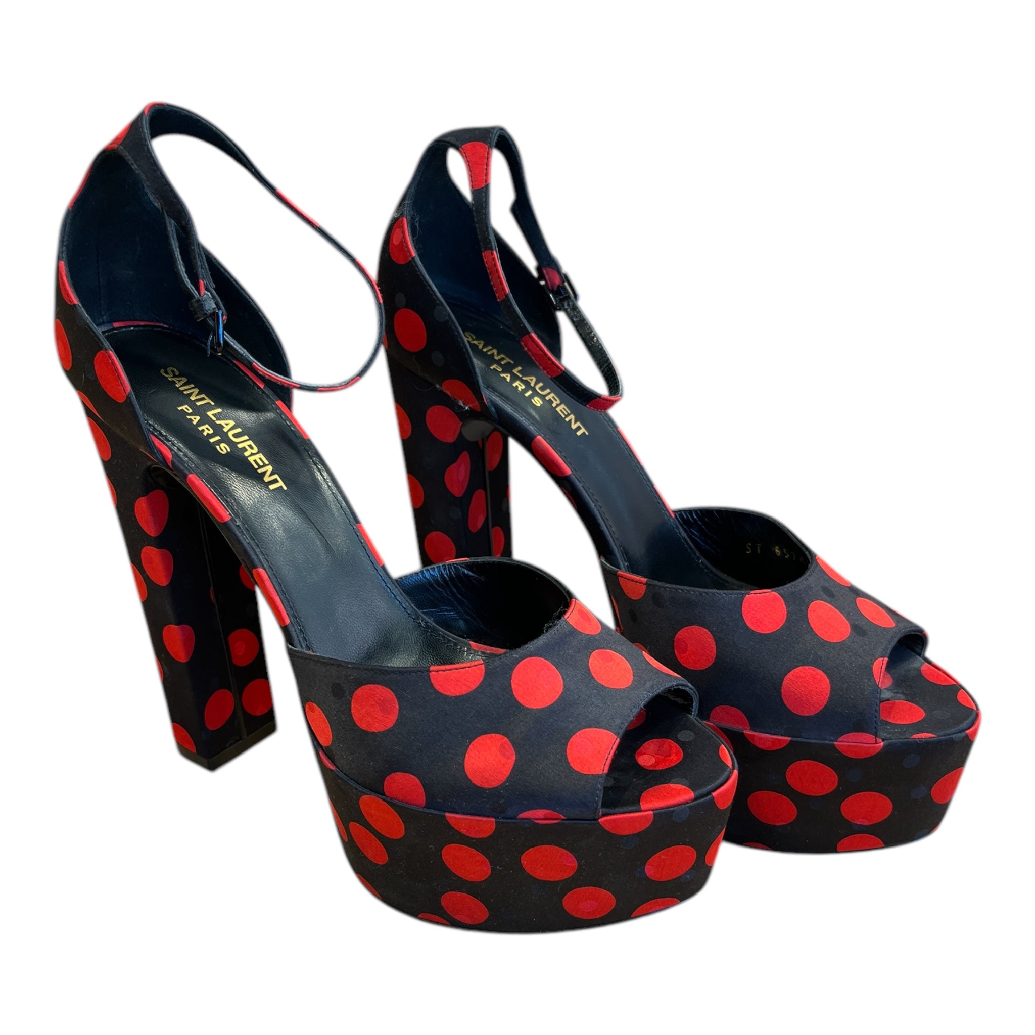SAINT LAURENT/Heels/EU 38.5/Polka dot/Cotton/BLK/RED POLKA DOT HEELS ...